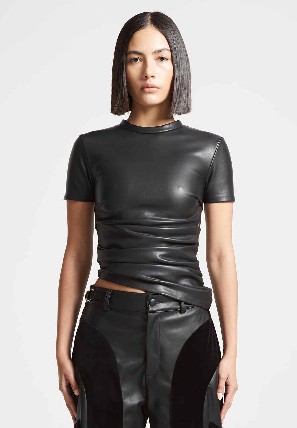 Leather Ruched T-Shirt - Black | Manière De Voir USA